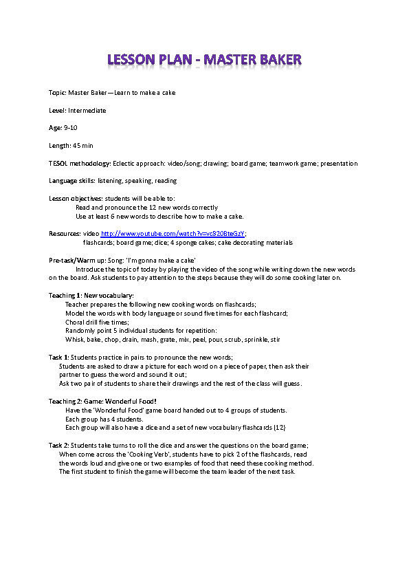 Master Baker Cooking Lesson Plan