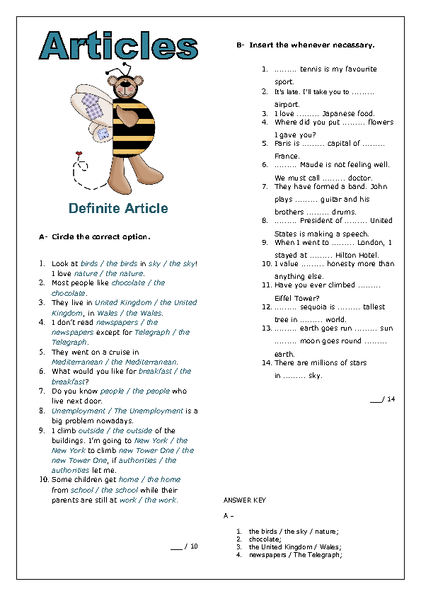 Articles Definite Article Worksheet