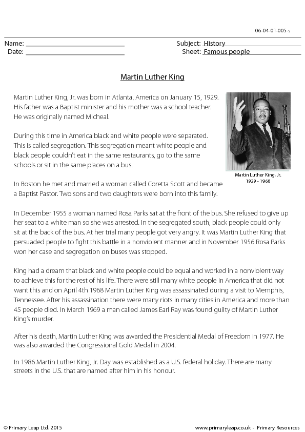 Reading Comprehension Martin Luther King