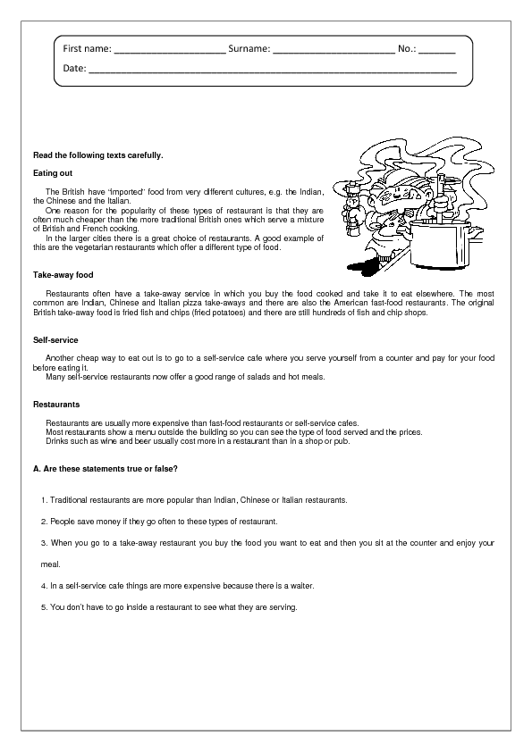 Food Reading Comprehension Worksheet Food Reading Comprehension Worksheet