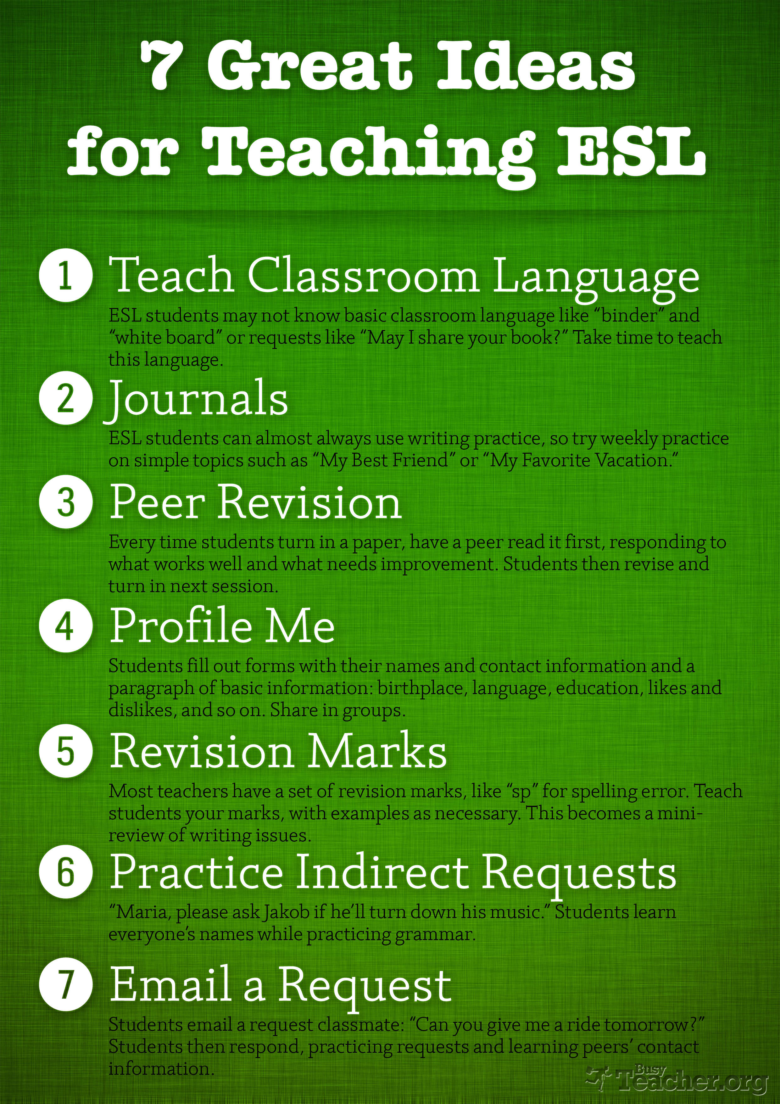 7 Great Ideas For Teaching ESL Poster