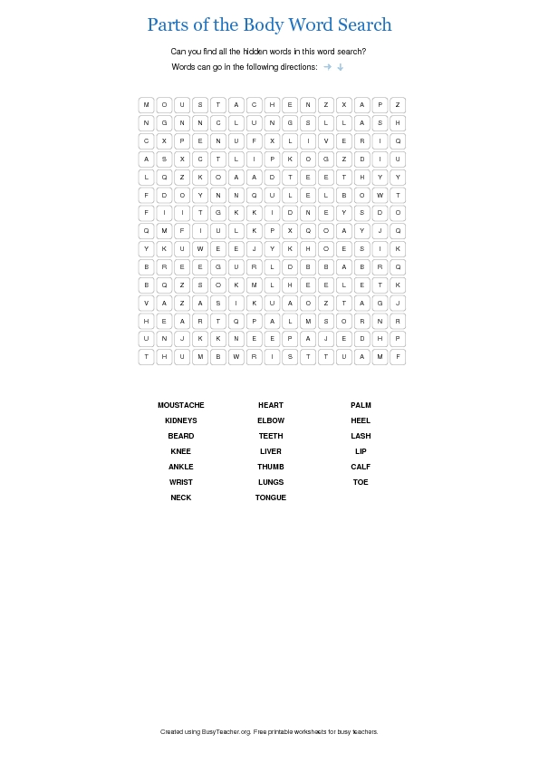 Parts Of The Body Word Search