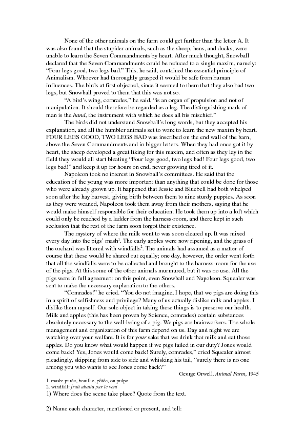 Excerpt Reading Comprehension Animal Farm By George Orwell Excerpt Reading Comprehension Animal Farm By George Orwell