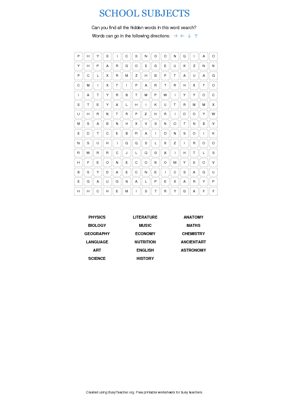 School Subjects Word Search