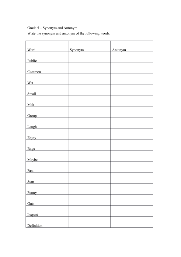 Synonym And Antonym Worksheet