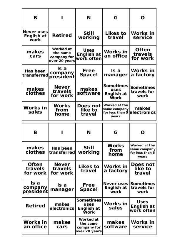 Job Bingo Cards