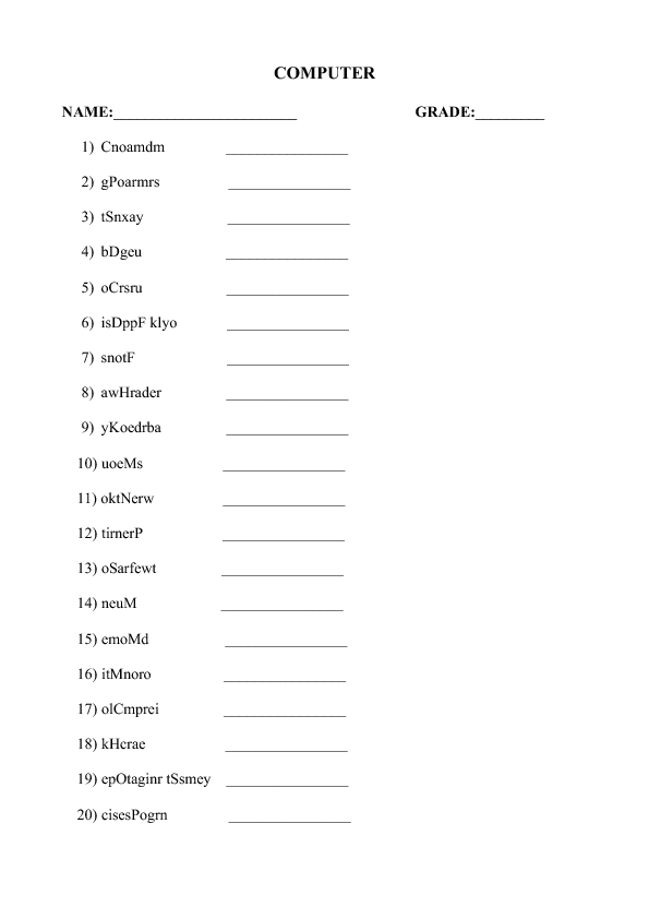 Word Scramble Terminology Of Computer Components
