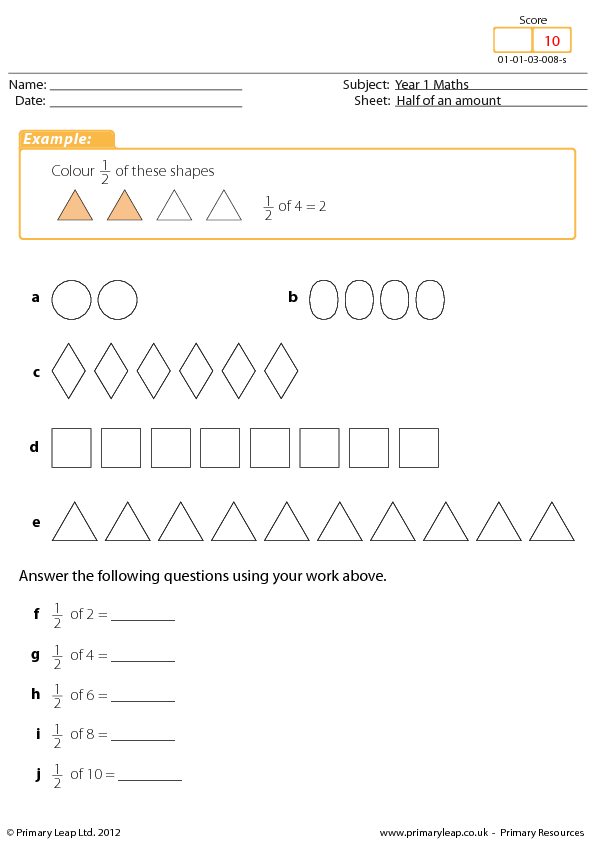 Half Of An Amount Maths Worksheet