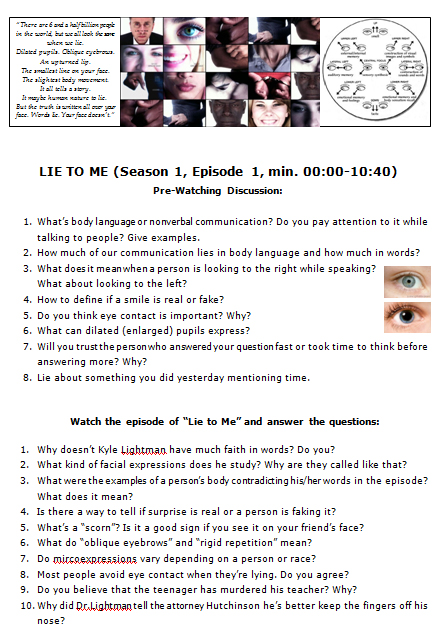 Movie Worksheet Lie To Me The Secrets Of Body Language