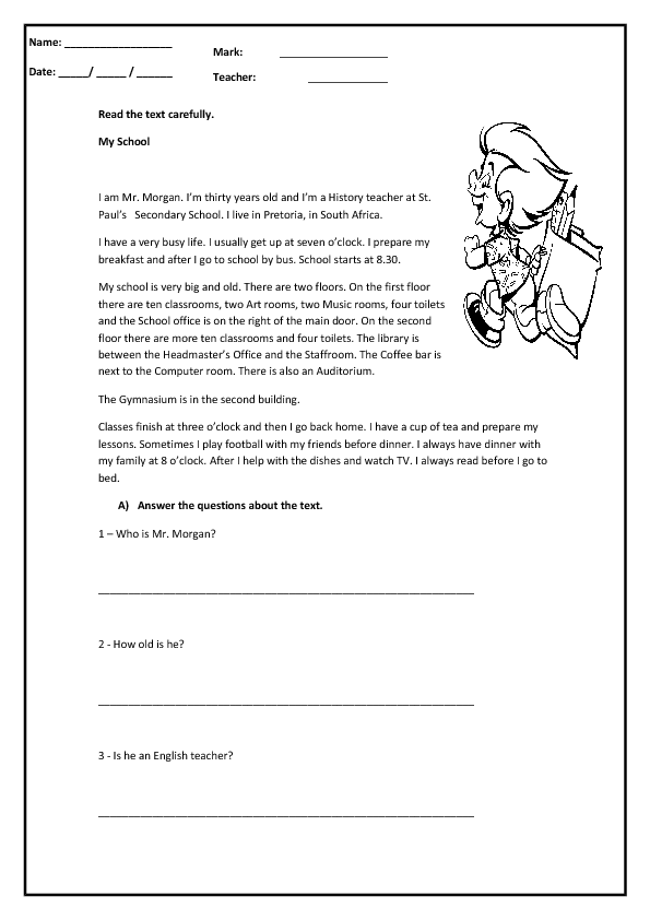 My School Reading Comprehension Worksheet