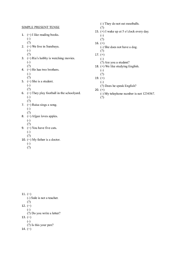 Simple Present Tense Worksheet Simple Present Tense Worksheet