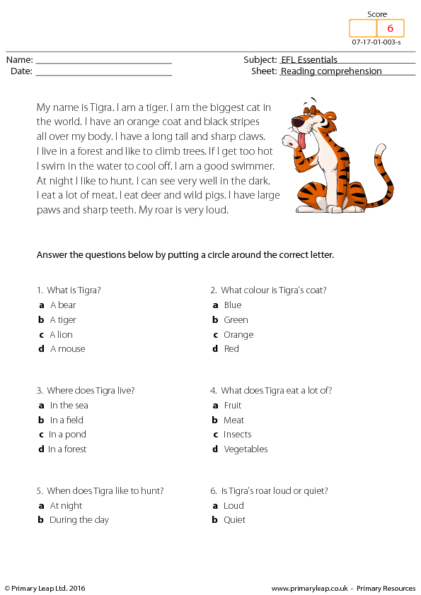 ESL Reading Comprehension Tigra The Tiger ESL Reading Comprehension Tigra The Tiger