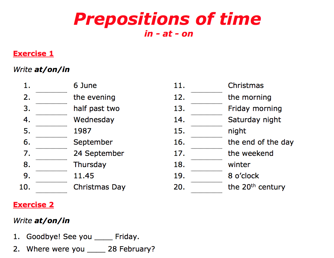 Prepositions Of Time Worksheet With Answers